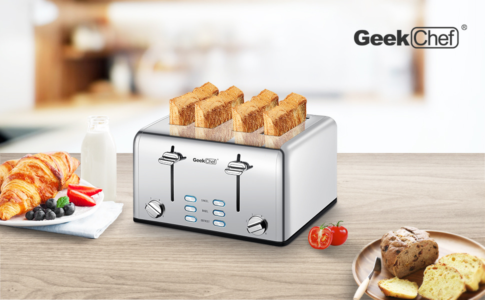 Toaster 4 Slice, Geek Chef Stainless Steel Extra-Wide Slot Toaster With ...